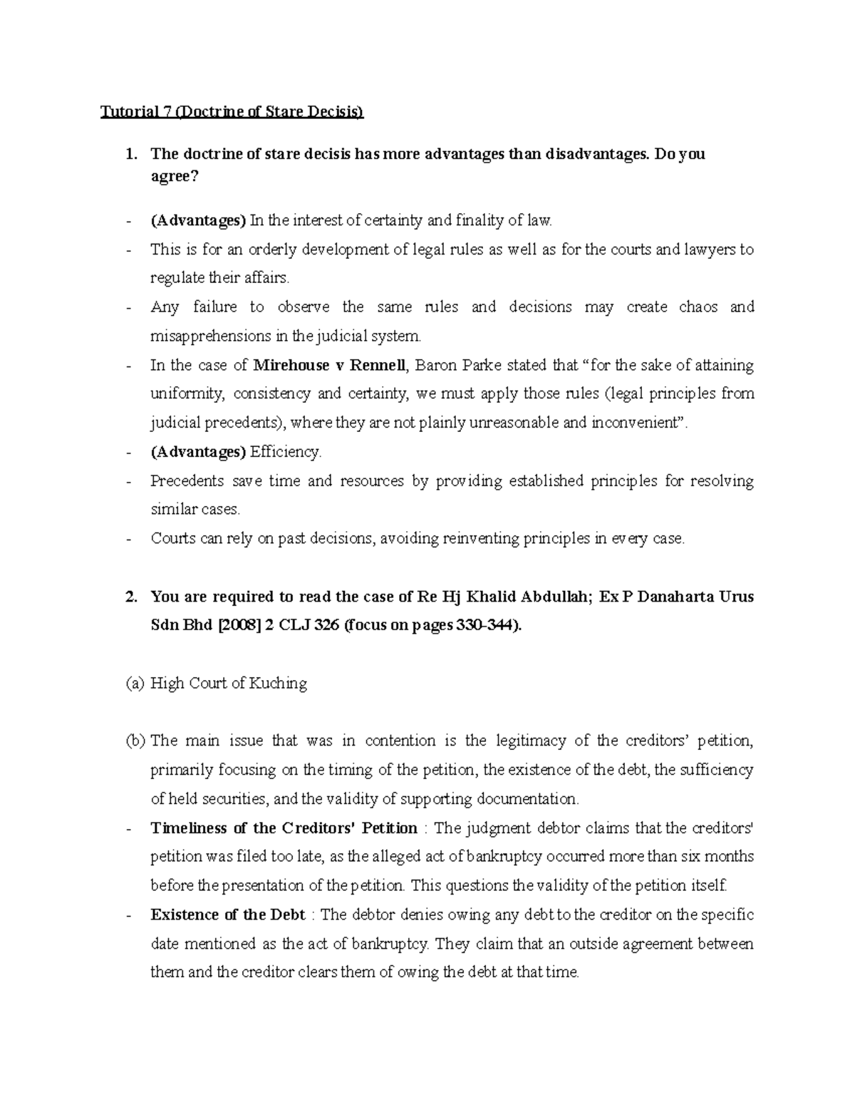 Legal Method Tutorial (Week 11) - Tutorial 7 (Doctrine of Stare Decisis ...