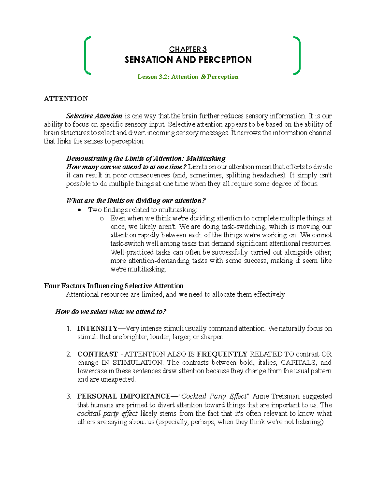 Lesson 3.2. SENSATION AND PERCEPTION - CHAPTER 3 SENSATION AND ...