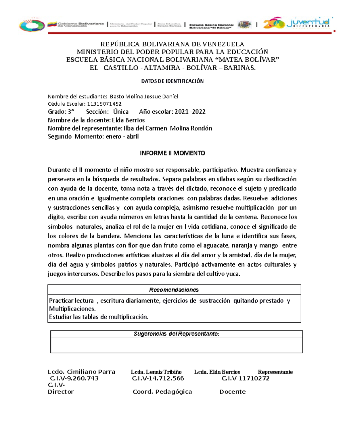 Boletas 3er grado II lapso - REPÚBLICA BOLIVARIANA DE VENEZUELA ...