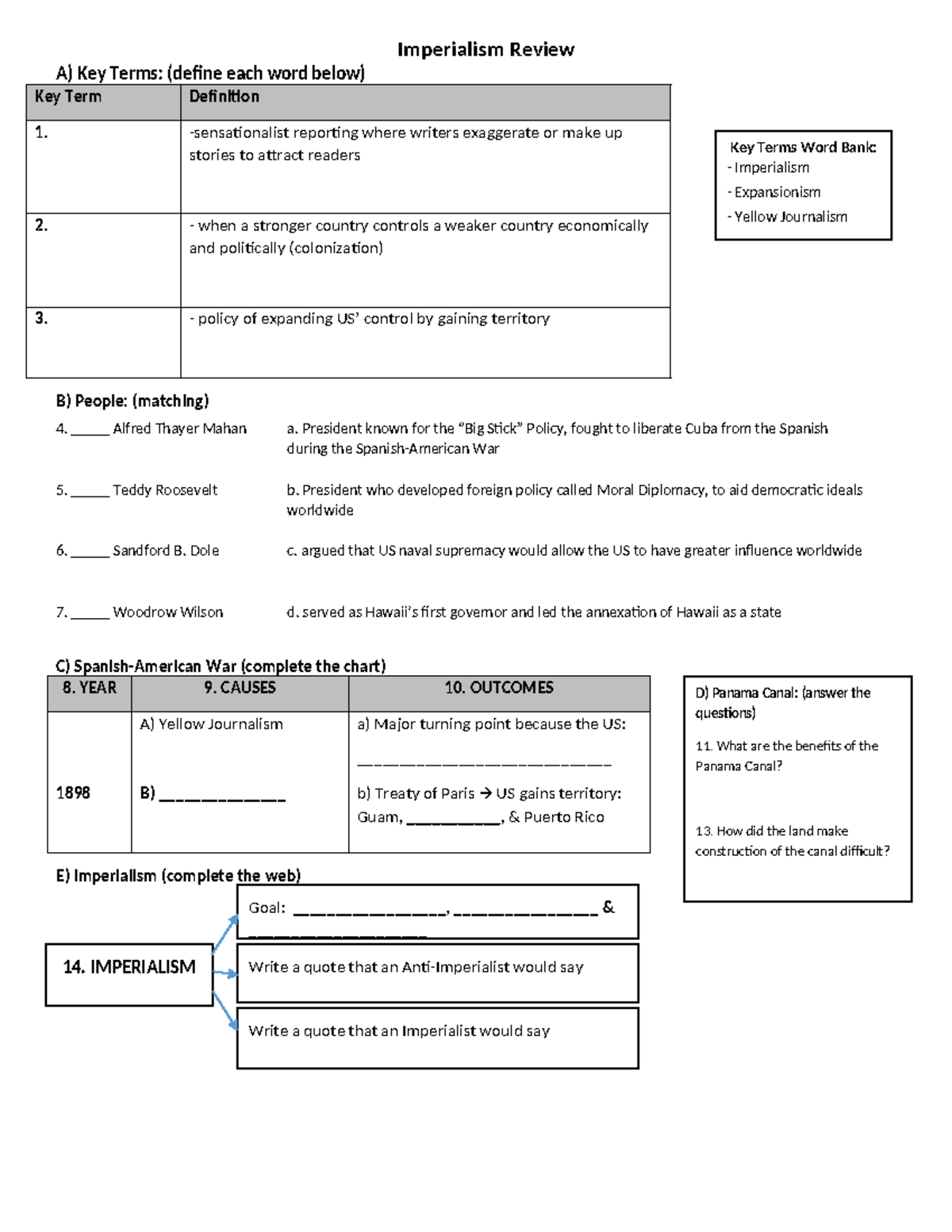 Copy of Copy of Imperialism and WWI REV - Student - Imperialism Review ...
