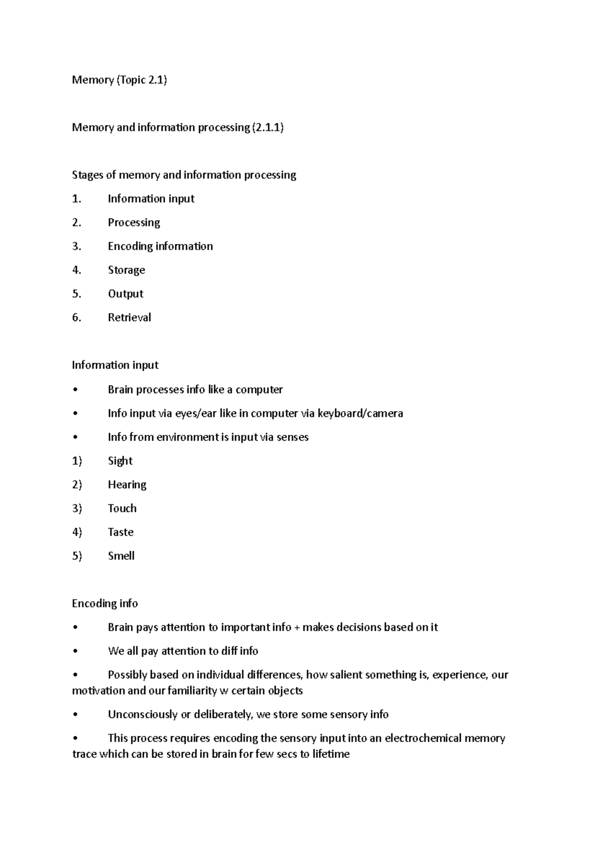 Topic 2.1 part 1 - Memory (Topic 2) Memory and information processing ...