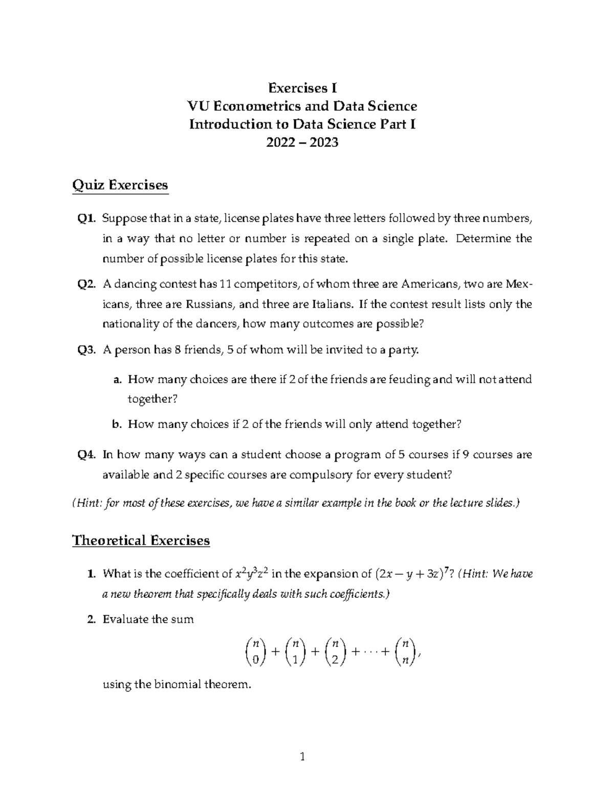Exercises Week 1 - Exercises I VU Econometrics and Data Science Introduction to Data Science ...