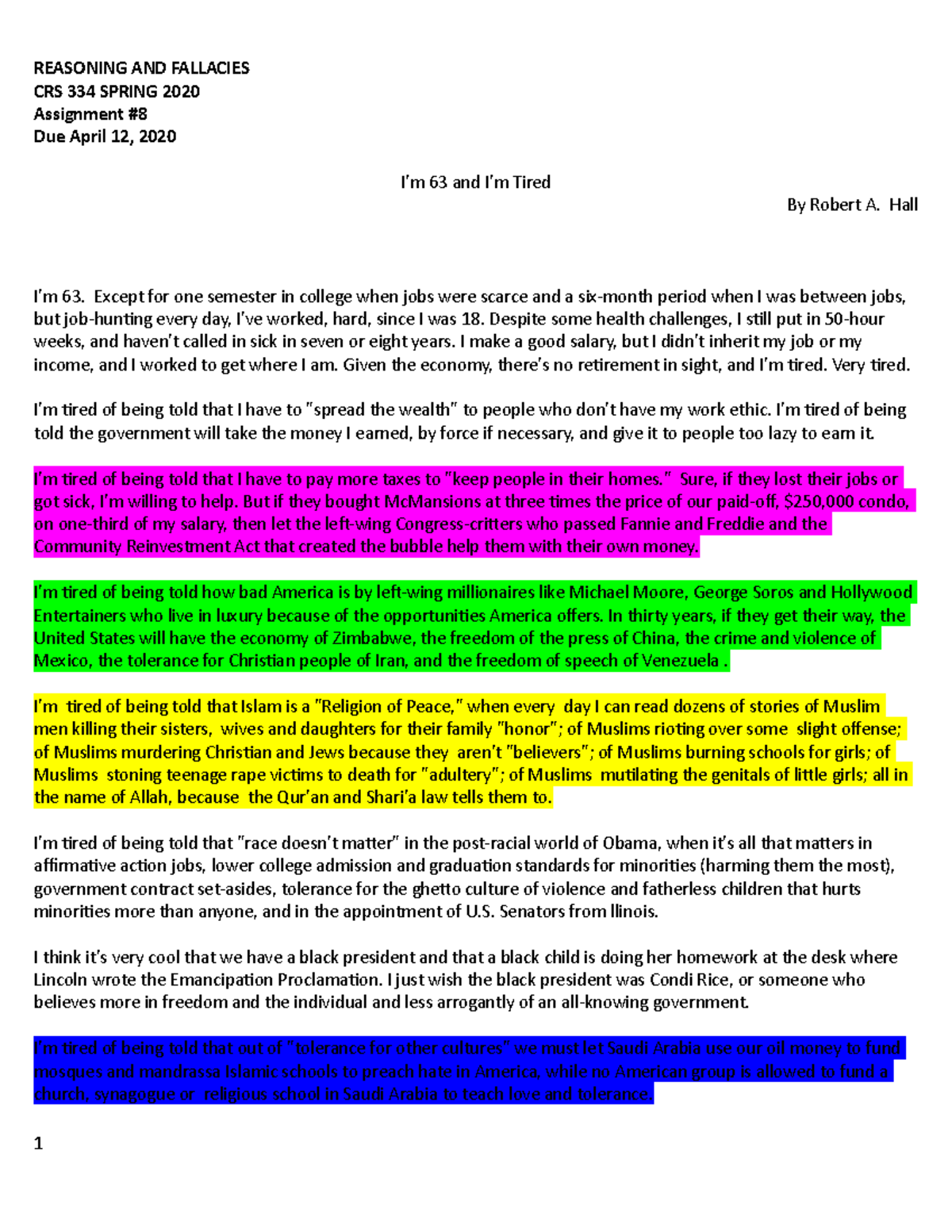 Fallacies assignment 8 - CRS 334 SPRING 2020 Assignment # Due April 12 ...