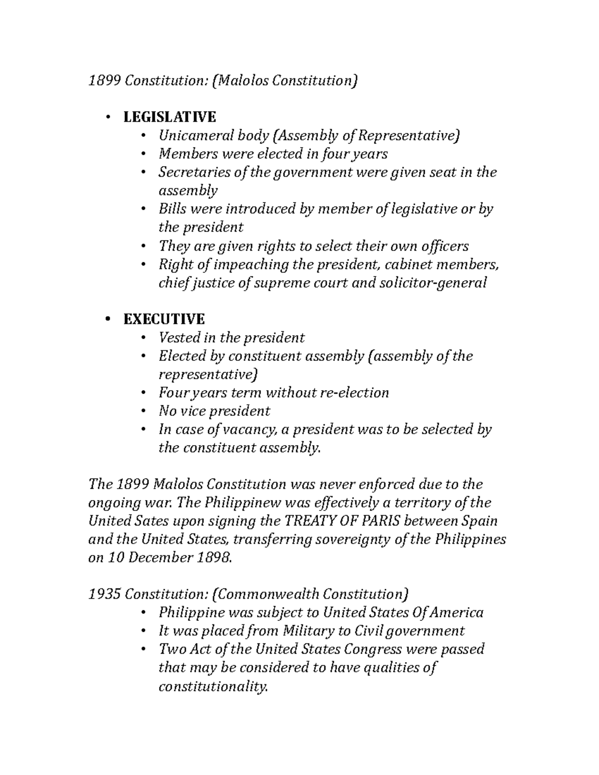 1899 Constitution - Short notes from our professor - Readings in ...