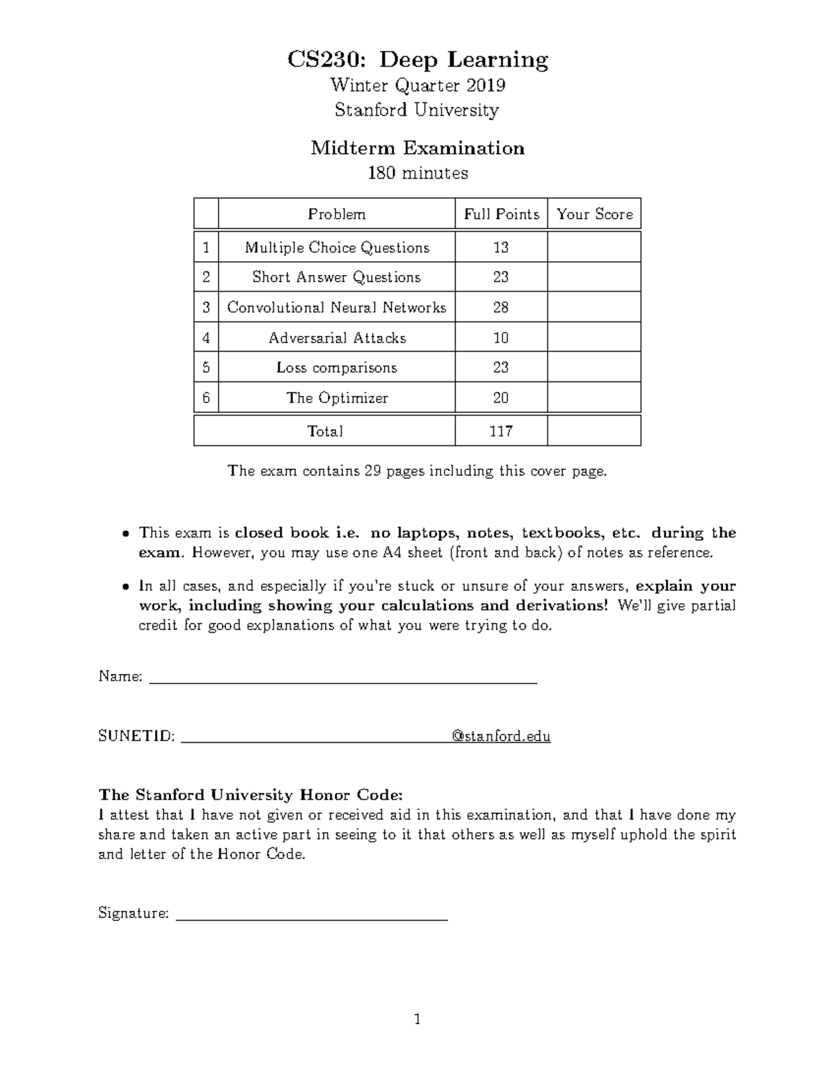 Cs230exam win19 soln - Exam win 19 - CS230: Deep Learning Winter Quarter 2019 Stanford ...