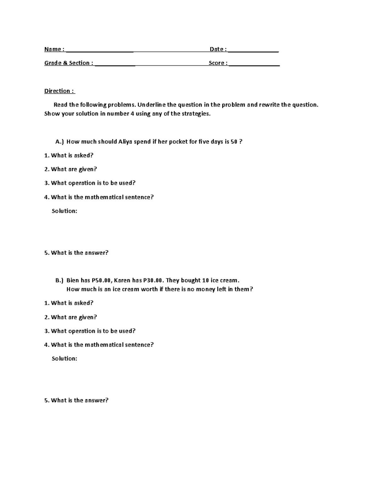 Activity - Name : ____________________ Date : _______________ Grade & Section ...