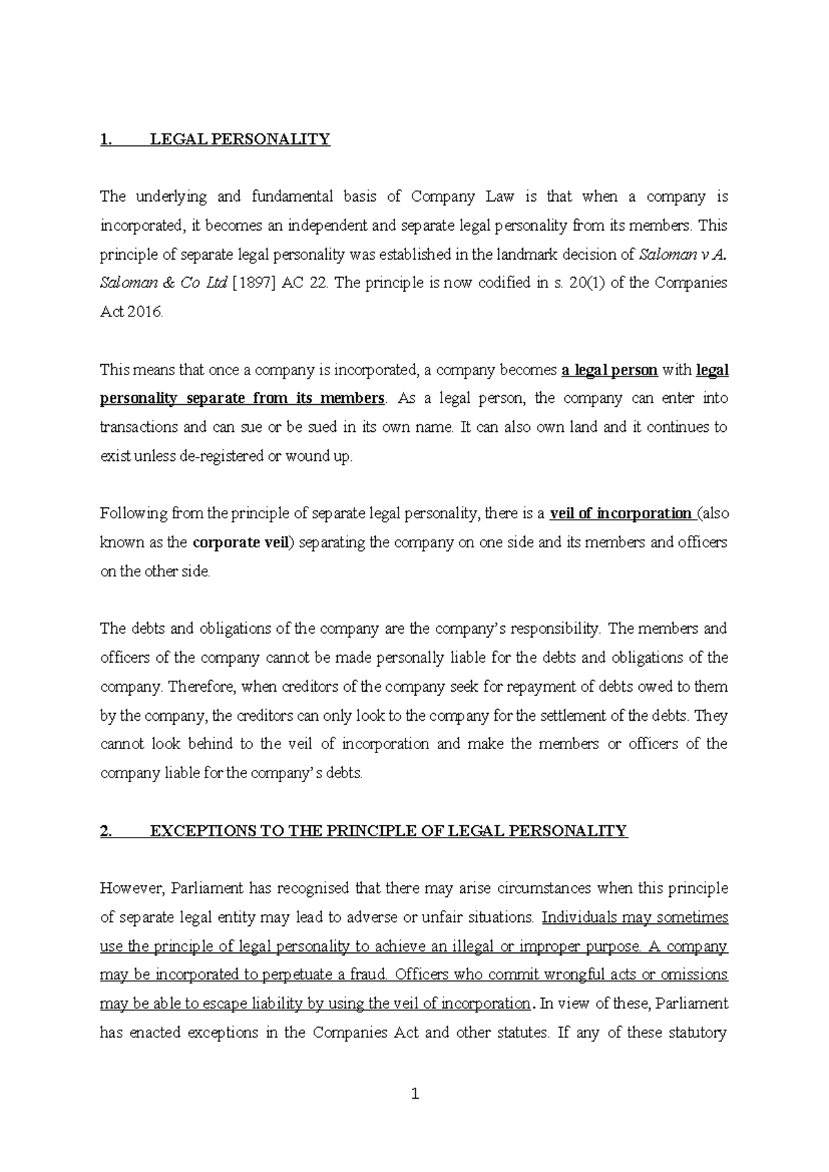 Legal Personality - 1. LEGAL PERSONALITY The underlying and fundamental ...