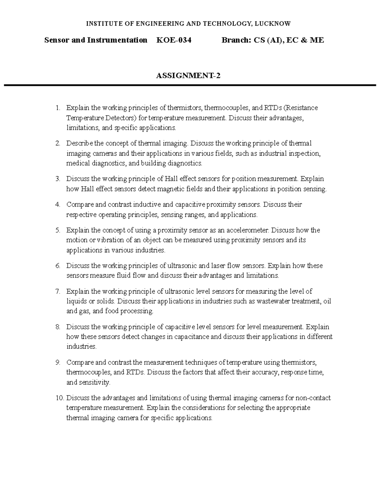 IOE 035 Assignment 2.doc - Google Docs - INSTITUTE OF ENGINEERING AND TECHNOLOGY, LUCKNOW Sensor ...