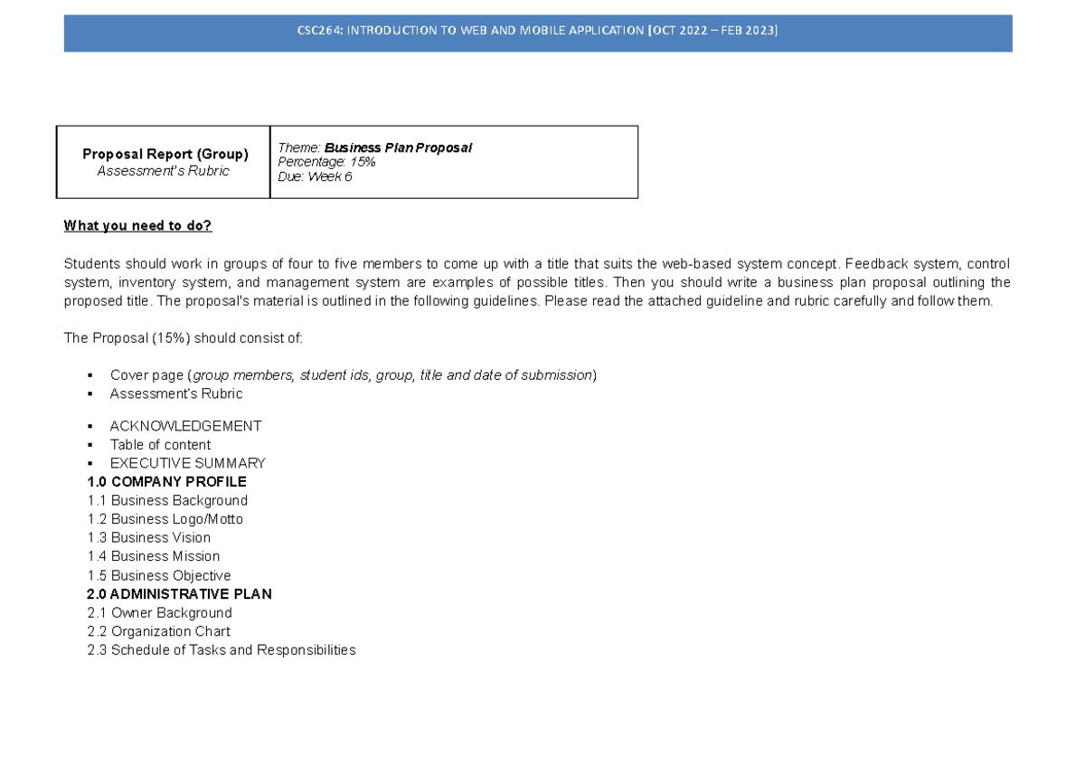 [OCT 2022] CSC264 Project (Group) Business Proposal description and Rubric - Proposal Report ...