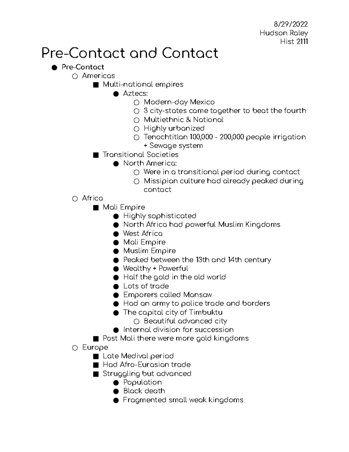 HIST2111 - Lecture One Pre-Contact and Contact - 8/29/ Hudson Raley ...