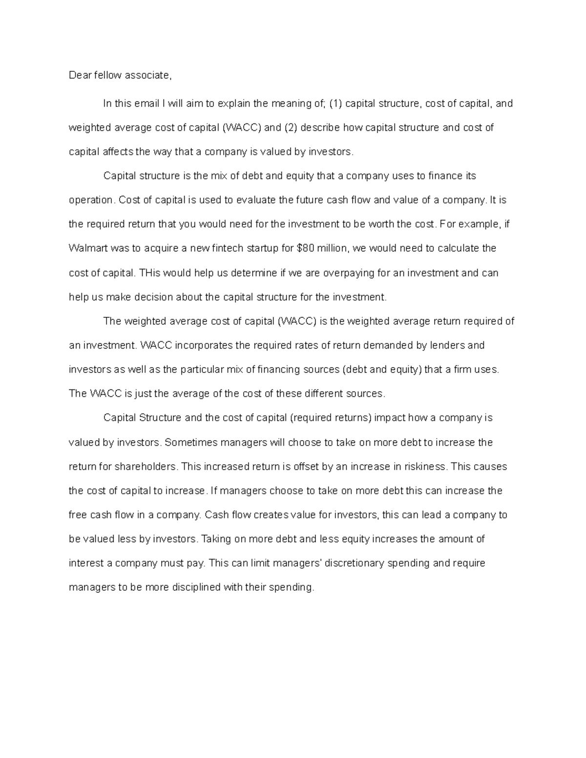 FIN 330 4-1 Assignment - Dear fellow associate, In this email I will ...