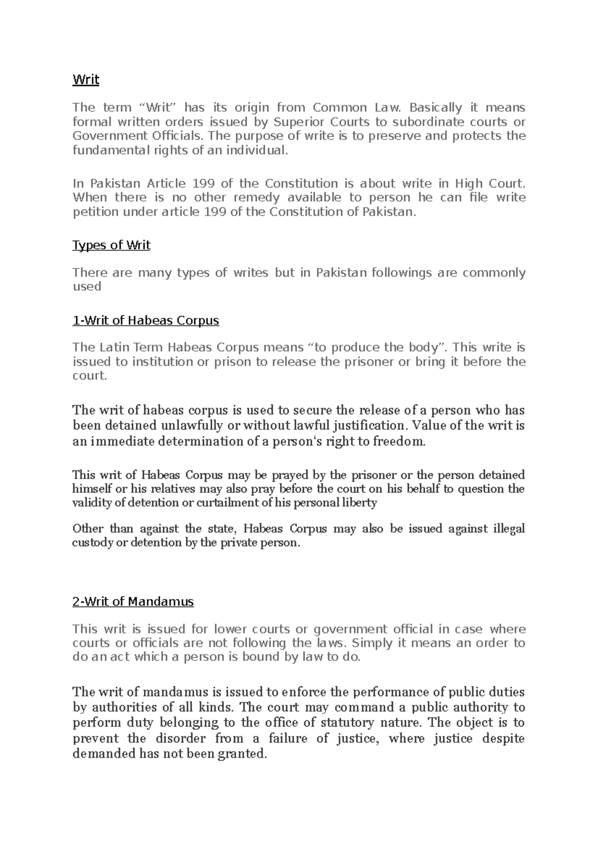 Writ Petitions - Article 184 of the Constitution of Pakistan - Writ The term “Writ” has its ...