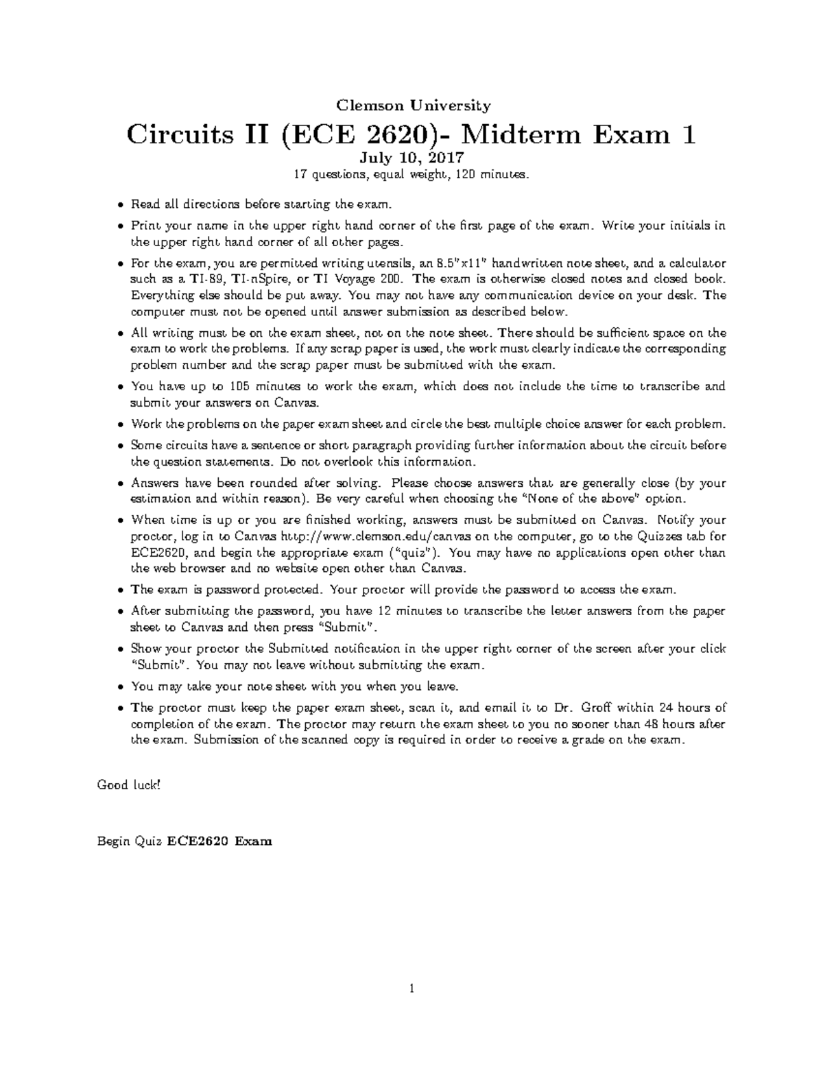 ECE2620 2017 SU Midterm 1 - Clemson University Circuits II (ECE 2620)- Midterm Exam 1 July 10 ...