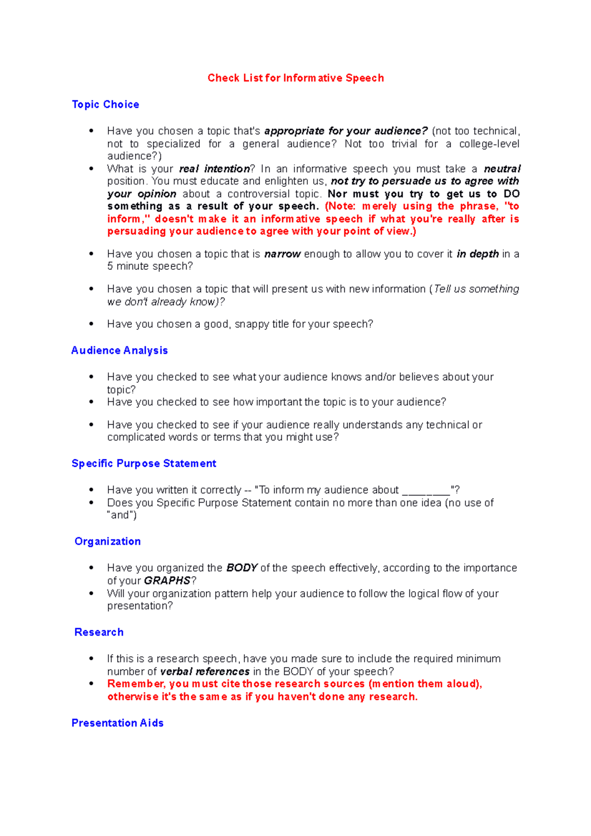 Final Check List for Informative Speech - Check List for Informative ...