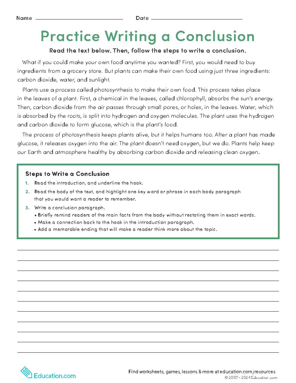Practice writing a conclusion - Name Date Practice Writing a Co n c l u ...
