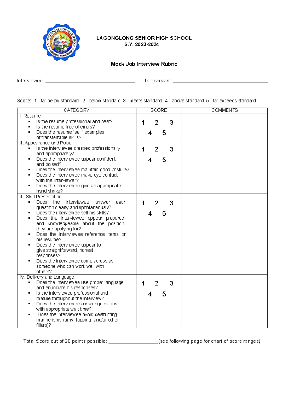 MOCK-JOB- Scoresheet - Score sheet - LAGONGLONG SENIOR HIGH SCHOOL S ...