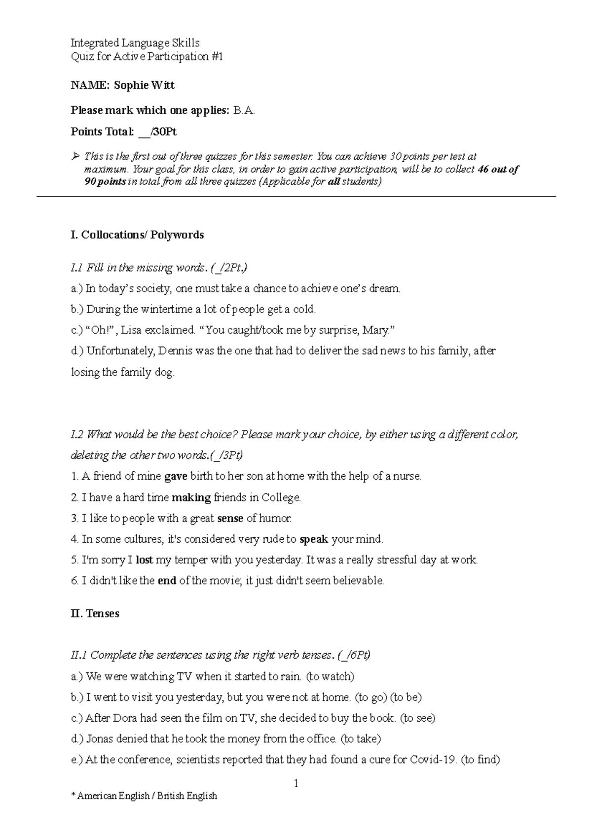 ILS QUIZ #1 - Übungsaufgaben/Quiz - Integrated Language Skills Quiz for ...