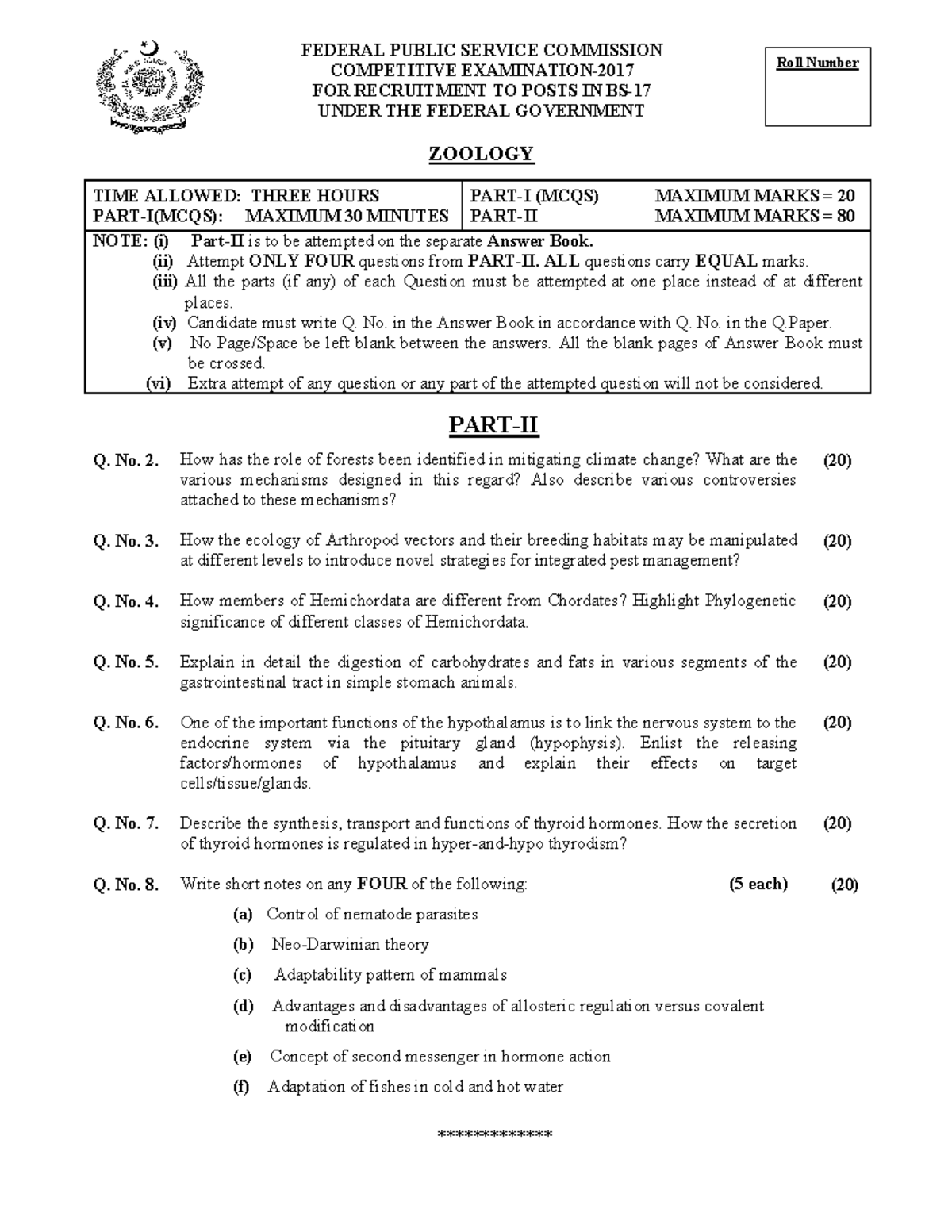 css paper of Zoology - 2010 Zoology-2017 - TIME ALLOWED: THREE HOURS ...