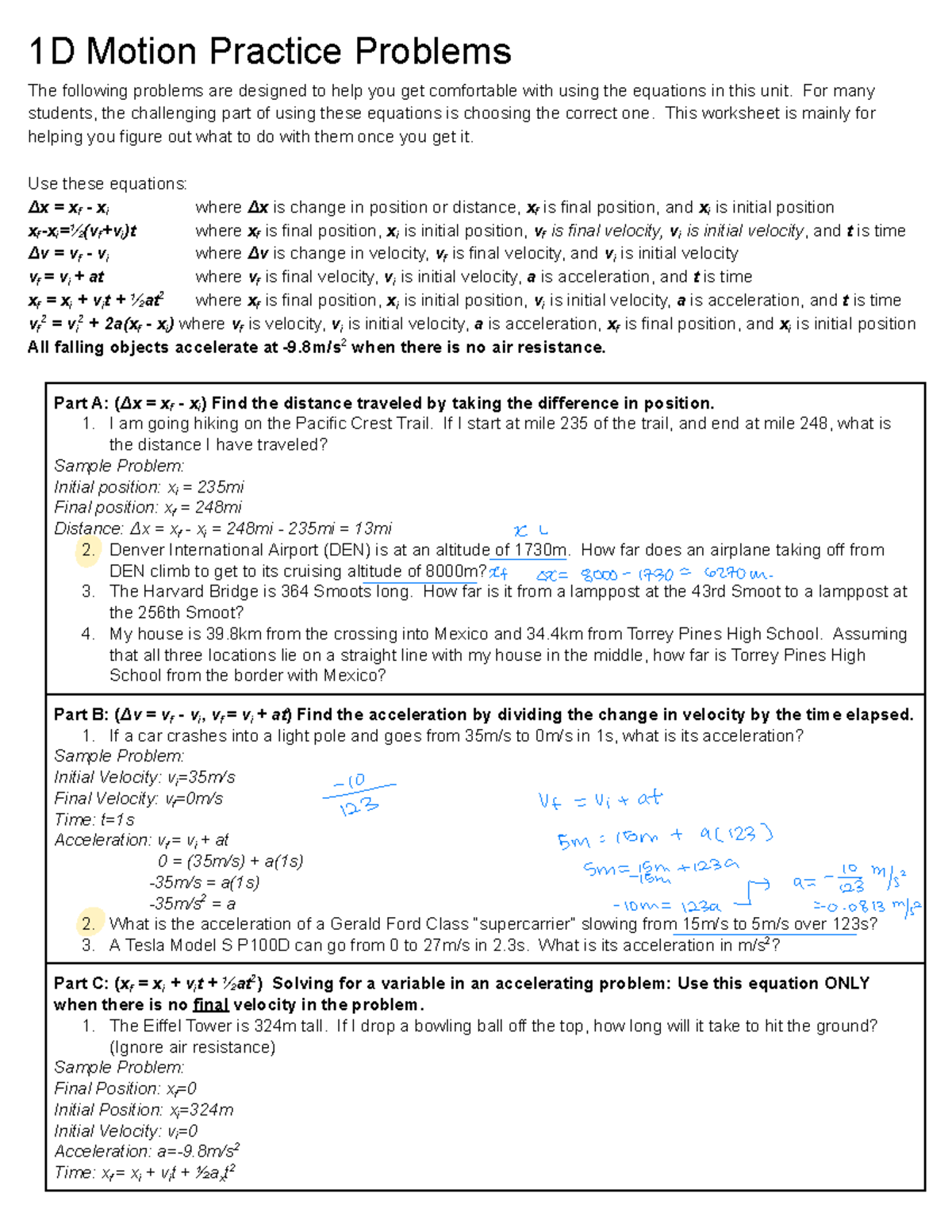 1D Motion Practice Problems 2022 Pot U - 1D Motion Practice Problems ...