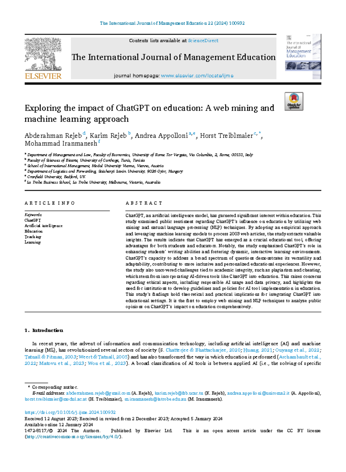 Exploring the impact of Chat GPT on education A web mining and machine ...