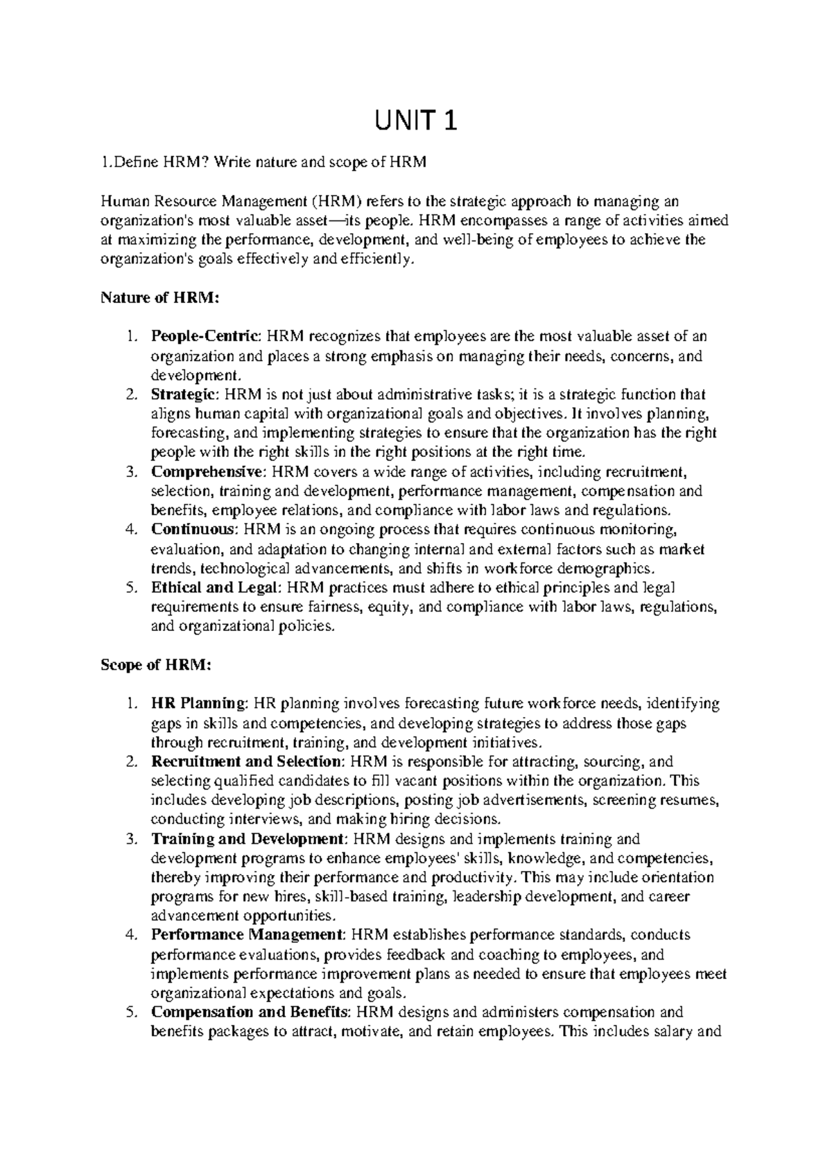 HRM unit 1 - UNIT 1 1 HRM? Write nature and scope of HRM Human Resource Management (HRM) refers ...