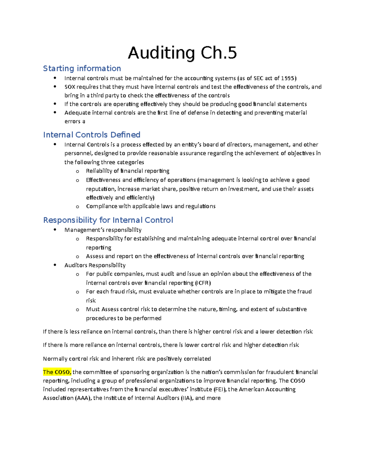 Auditing Ch.5 Notes - Auditing Ch. Starting information Internal ...