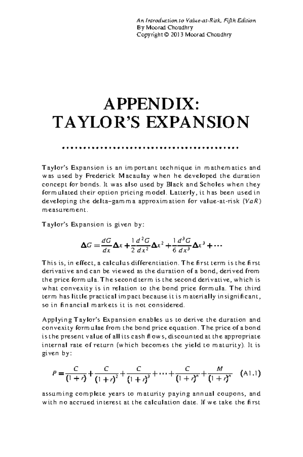 An Introduction to Value‐at‐Risk - 2012 - Choudhry - Appendix Taylor s Expansion - APPENDIX ...