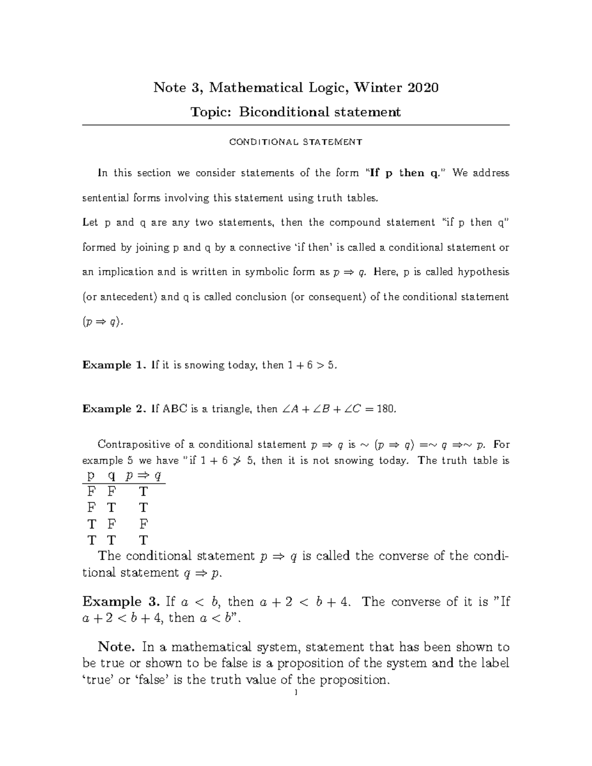 Notepc 3 - Biconditional statement - Note 3, Mathematical Logic, Winter 2020 Topic ...