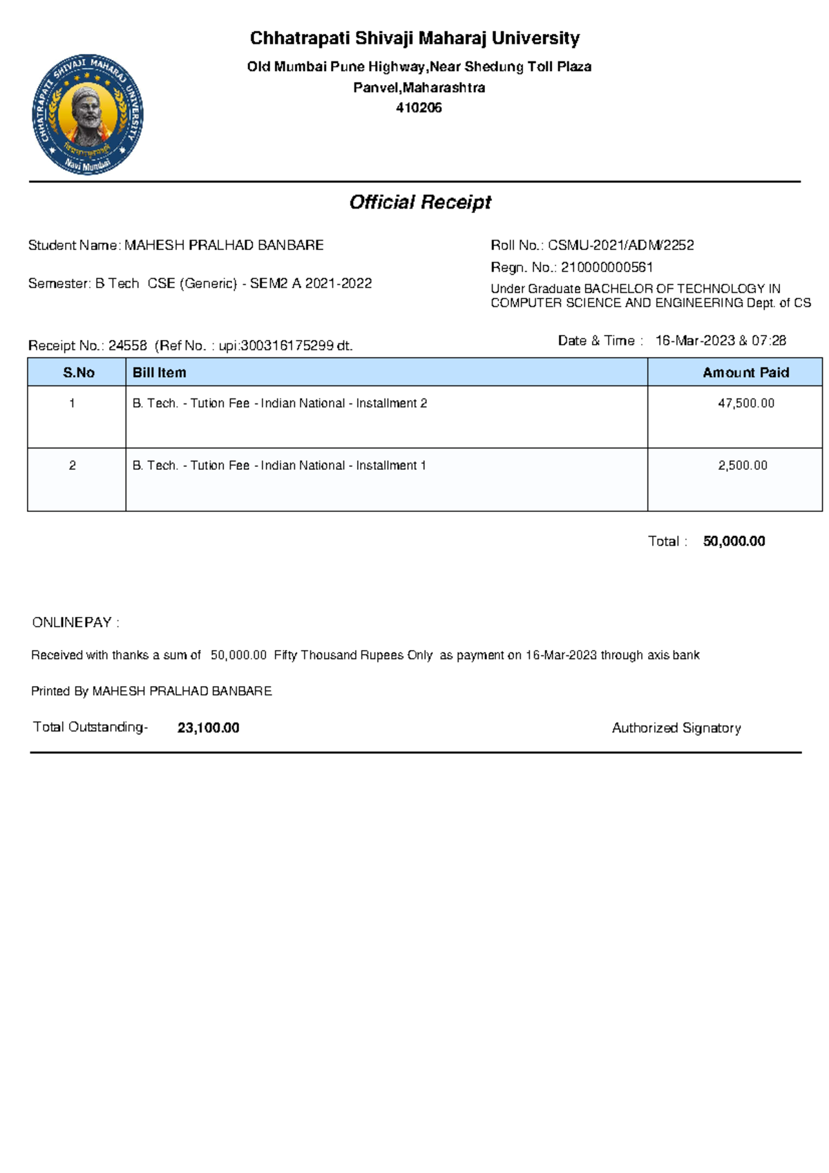 Receipt 24558 - Student Name: MAHESH PRALHAD BANBARE Semester: B Tech ...