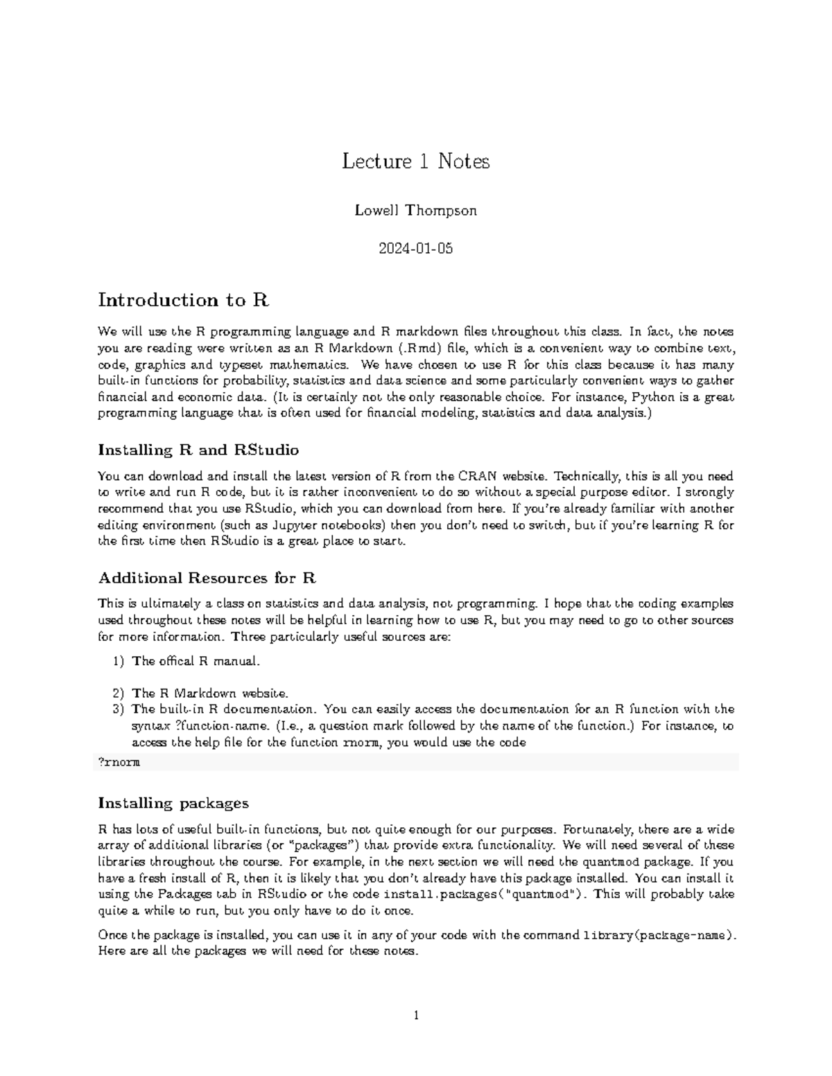 Lecture 1 - Lecture 1 Notes Lowell Thompson 2024-01- Introduction to R ...