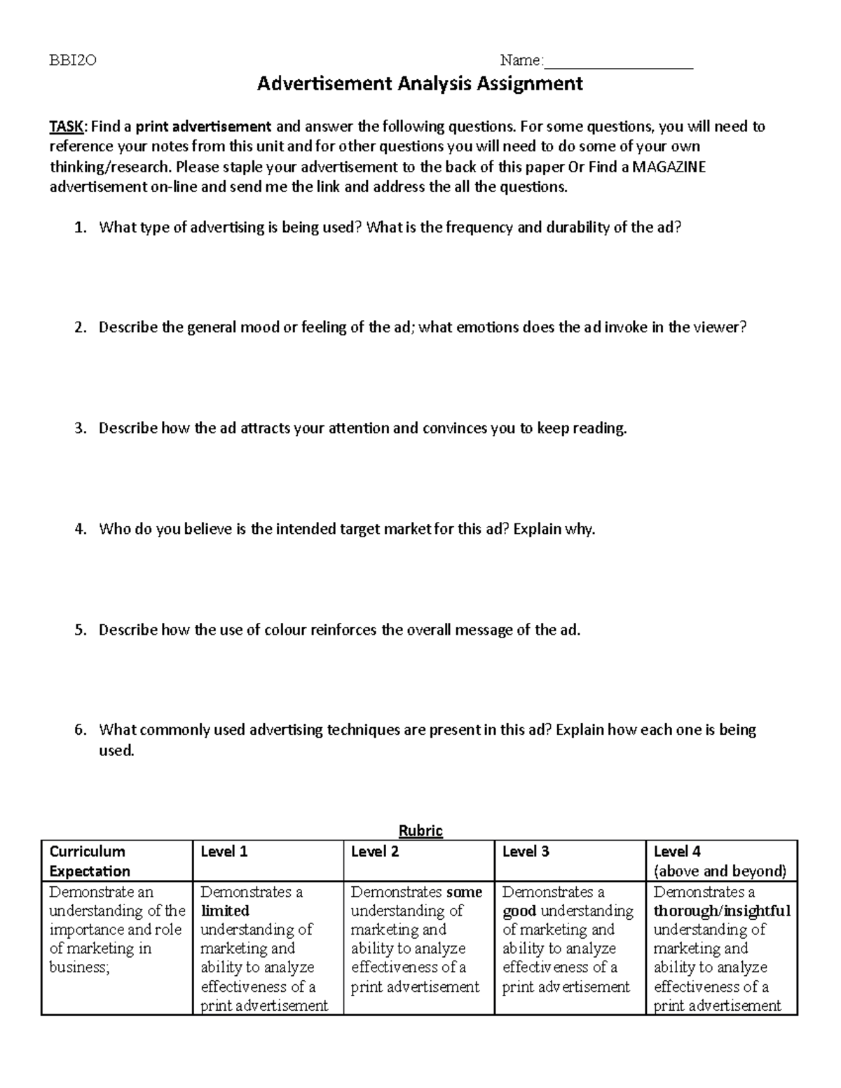 2019 Advertising Analysis Assignment - BBI2O Name ...