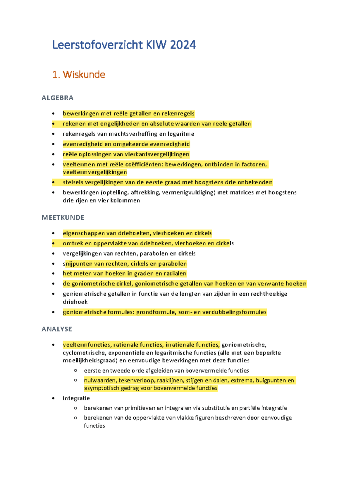 Leerstofoverzicht KIW 2024 Wat ik weet - Leerstofoverzicht KIW 2024 1. Wiskunde ALGEBRA ...