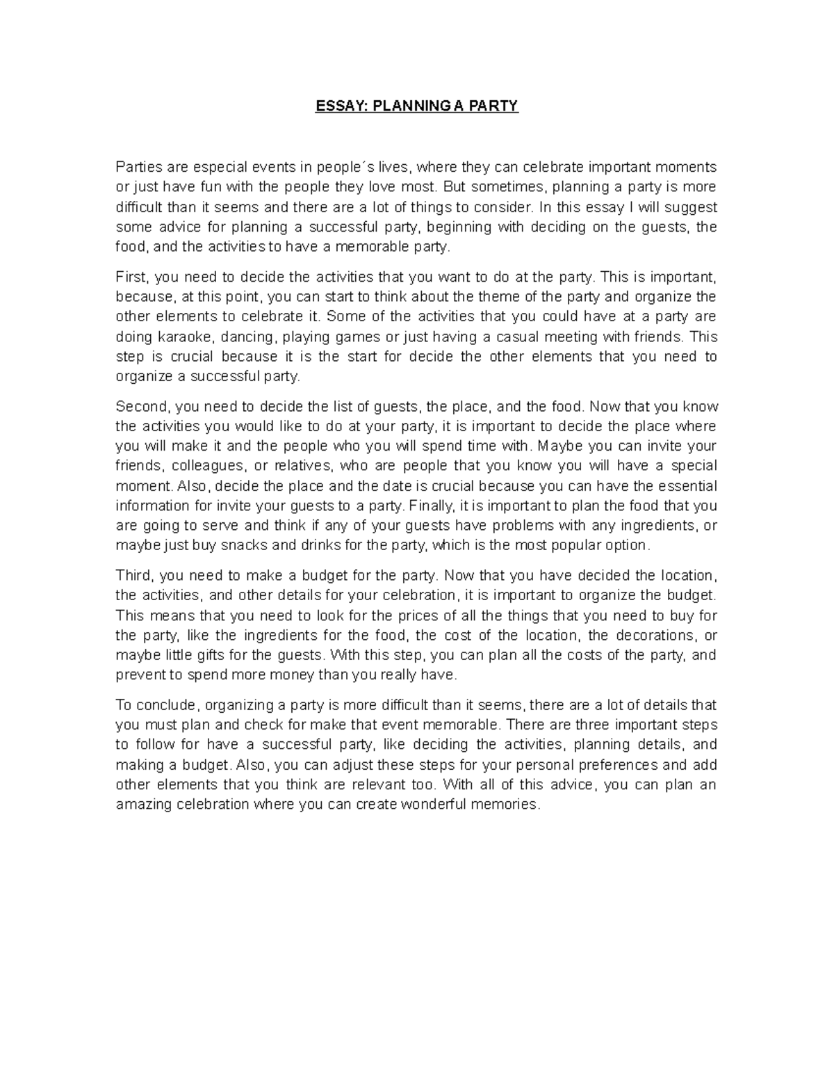 1st Draft Grecia Abanto Adv. 08 - ESSAY: PLANNING A PARTY Parties are ...