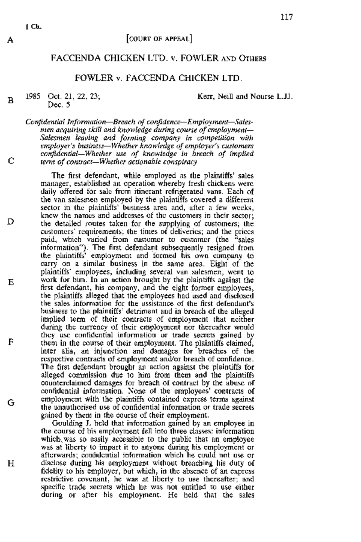 Faccenda Chicken v Fowler [1987] Ch 117 - 1 Ch. A [COURT OF APPEAL ...