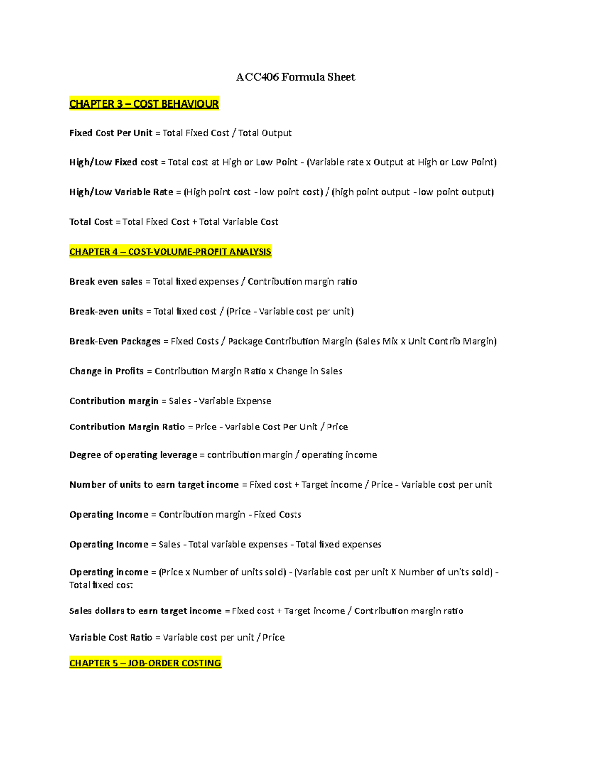 ACC406 Formula Sheet - Richard Deklerk - ACC406 Formula Sheet CHAPTER 3 ...