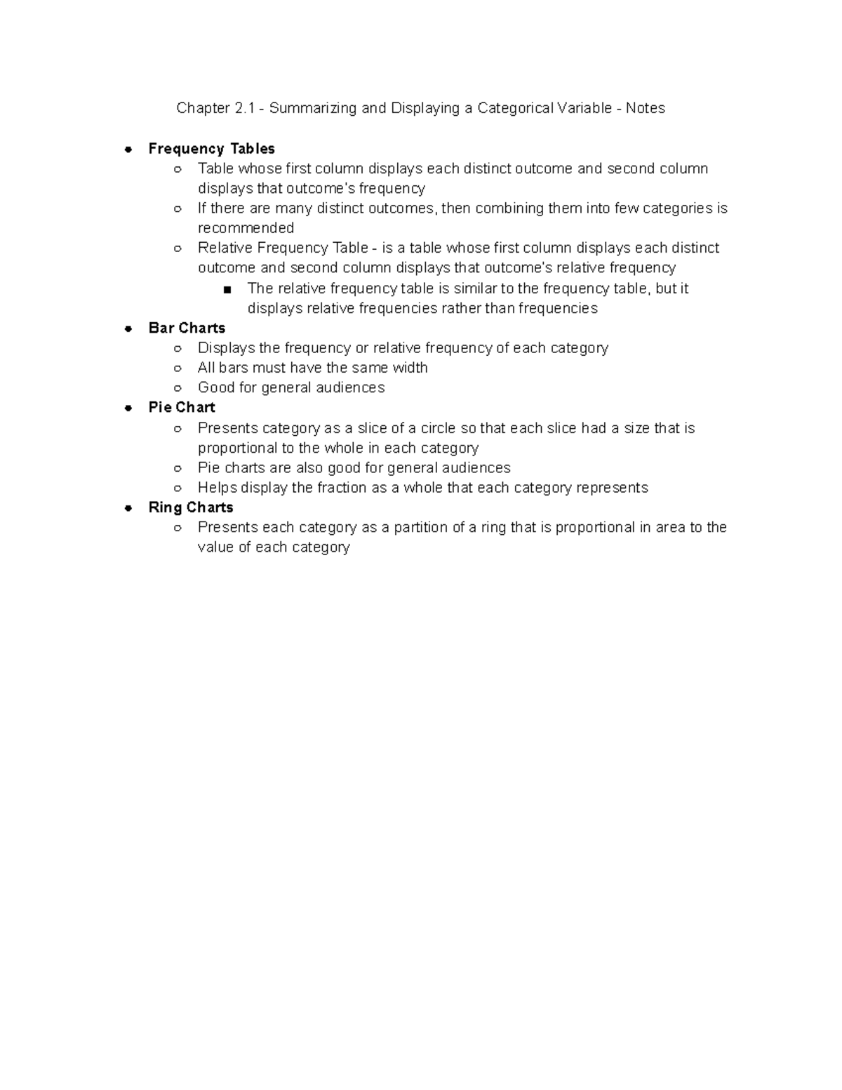 Chapter 21 Notes Summarizing And Displaying Categorical Variables Chapter 2 Summarizing