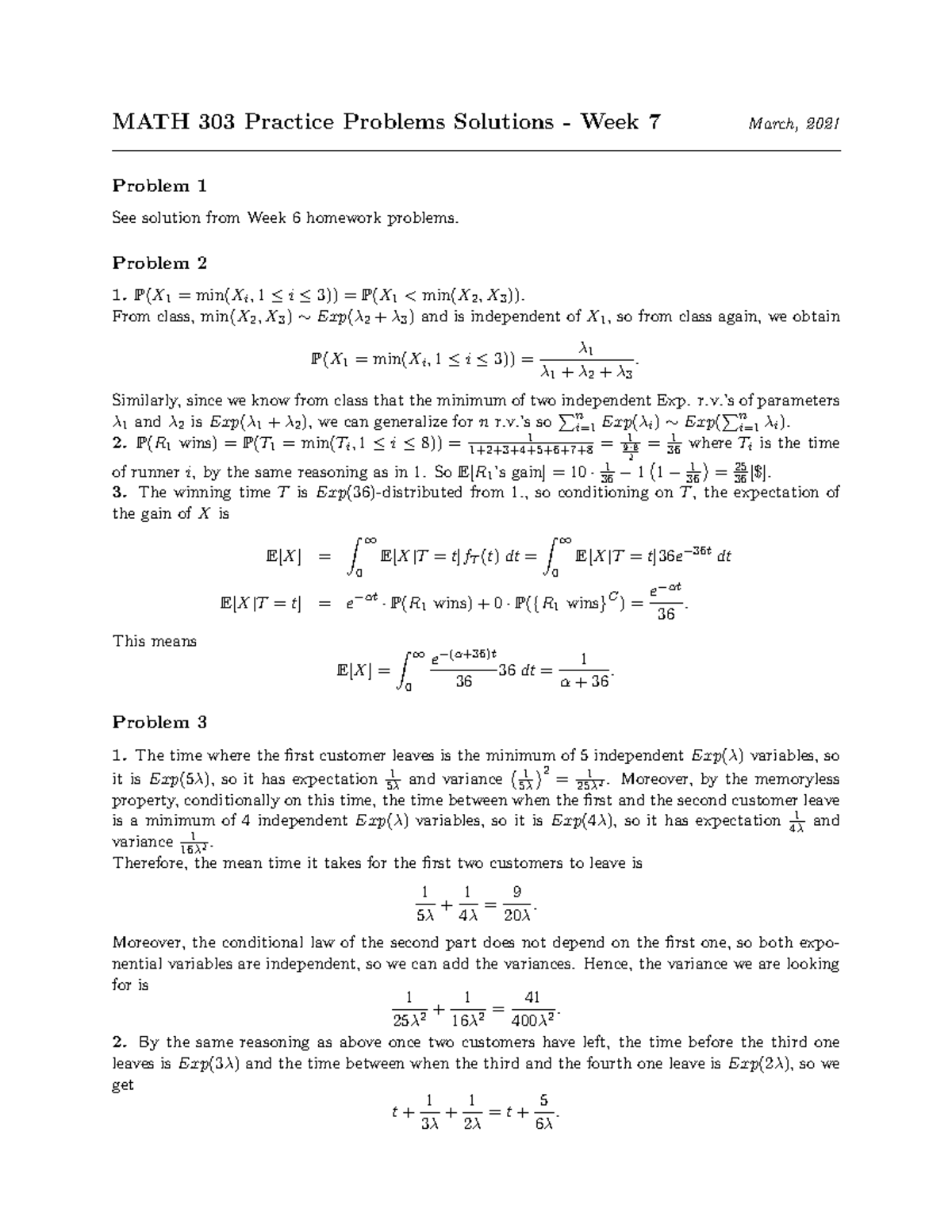 Solution problem 6 - none - MATH 303 Practice Problems Solutions - Week 7 March, 2021 Problem 1 ...