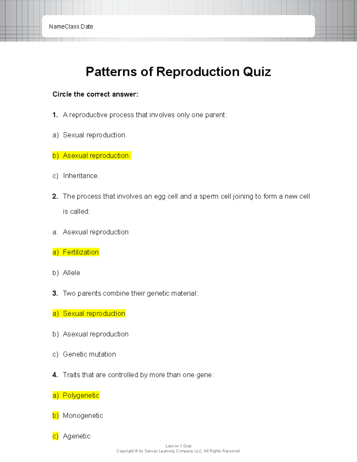QUIZ Reproduction WITH Answer KEY - Patterns of Reproduction Quiz ...
