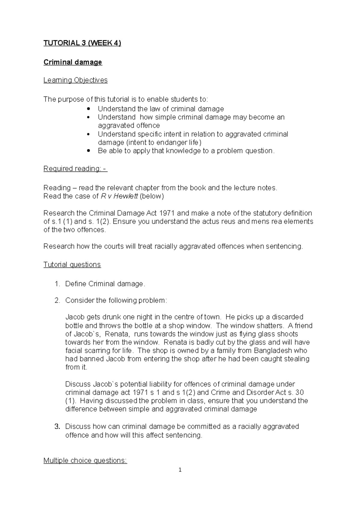 Criminal Law Tutorial 3-1 - TUTORIAL 3 (WEEK 4) Criminal damage ...
