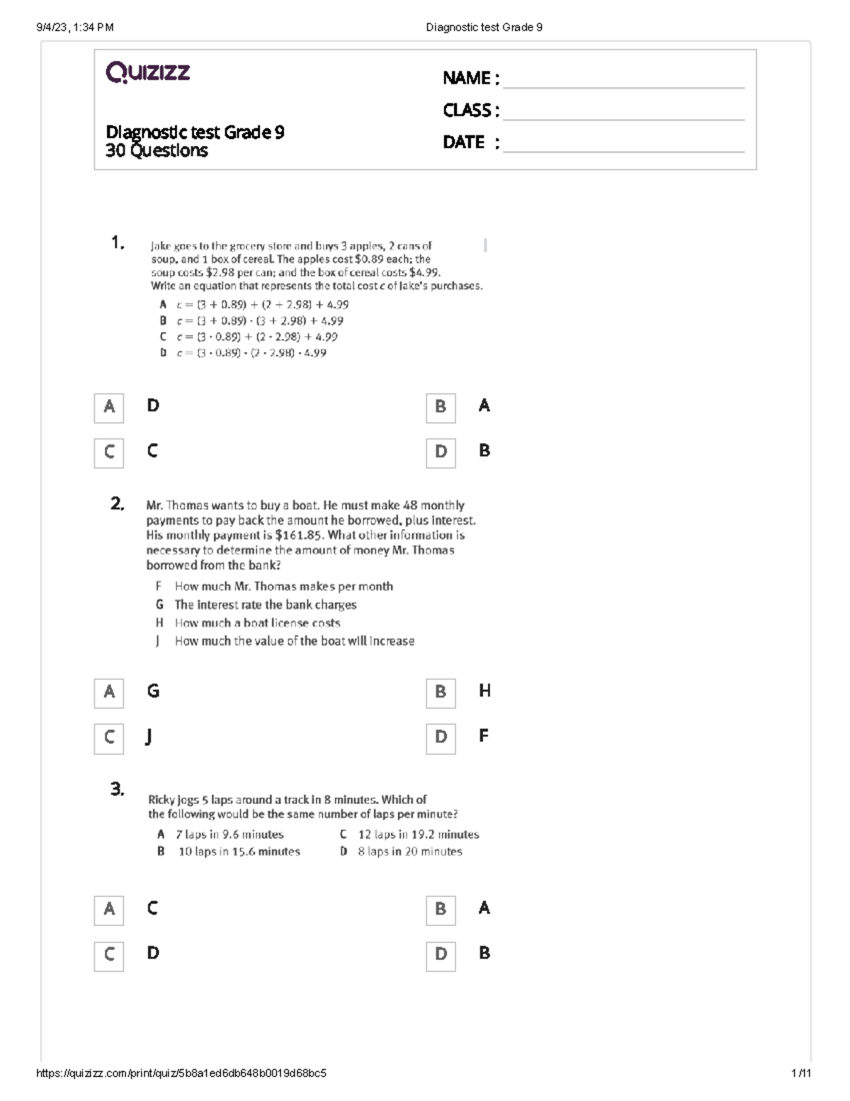 Diagnostic Test Mathematics 9 - Diagnostic test Grade 9 30 Questions ...