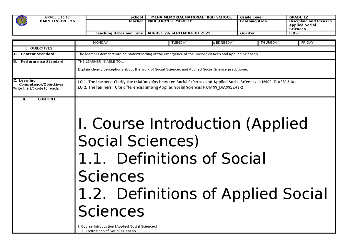 Discipline and Ideas DLL (week1) - GRADE 1 to 12 DAILY LESSON LOG ...