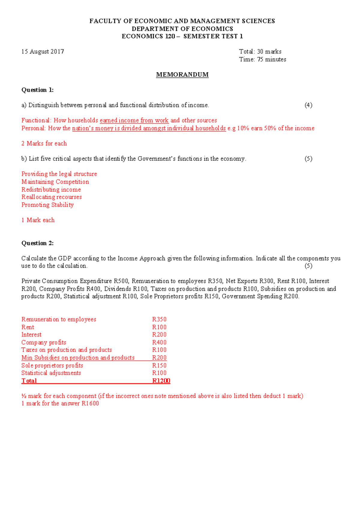 Test 1 120 2017 memo - Memo for semester test - FACULTY OF ECONOMIC AND ...