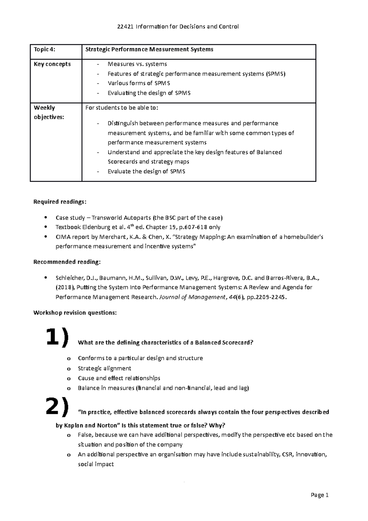 Wk4 - Week 4 tutorial solutions - Topic 4: Strategic Performance Measurement Systems Key ...