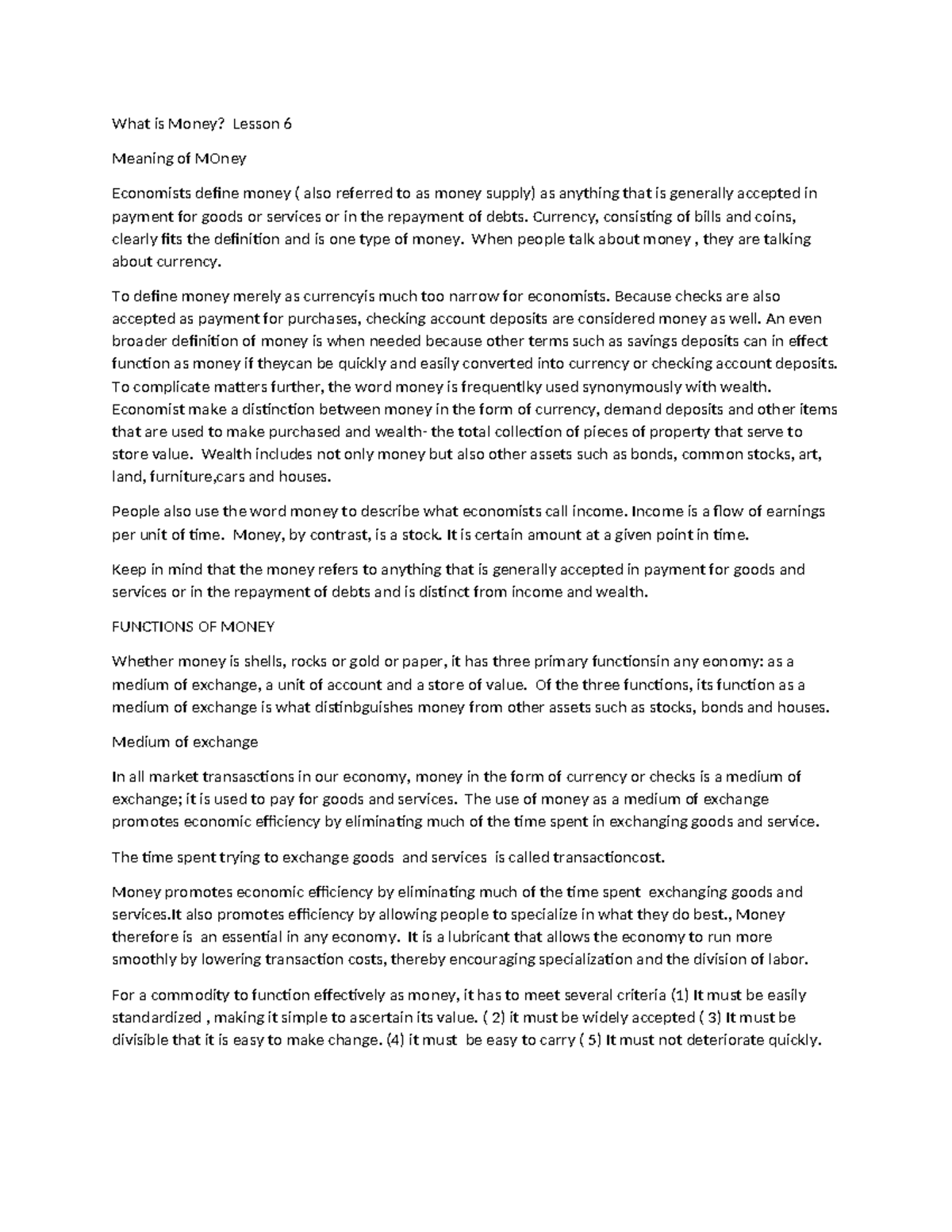 What is money lesson 6 - Notes - What is Money? Lesson 6 Meaning of ...