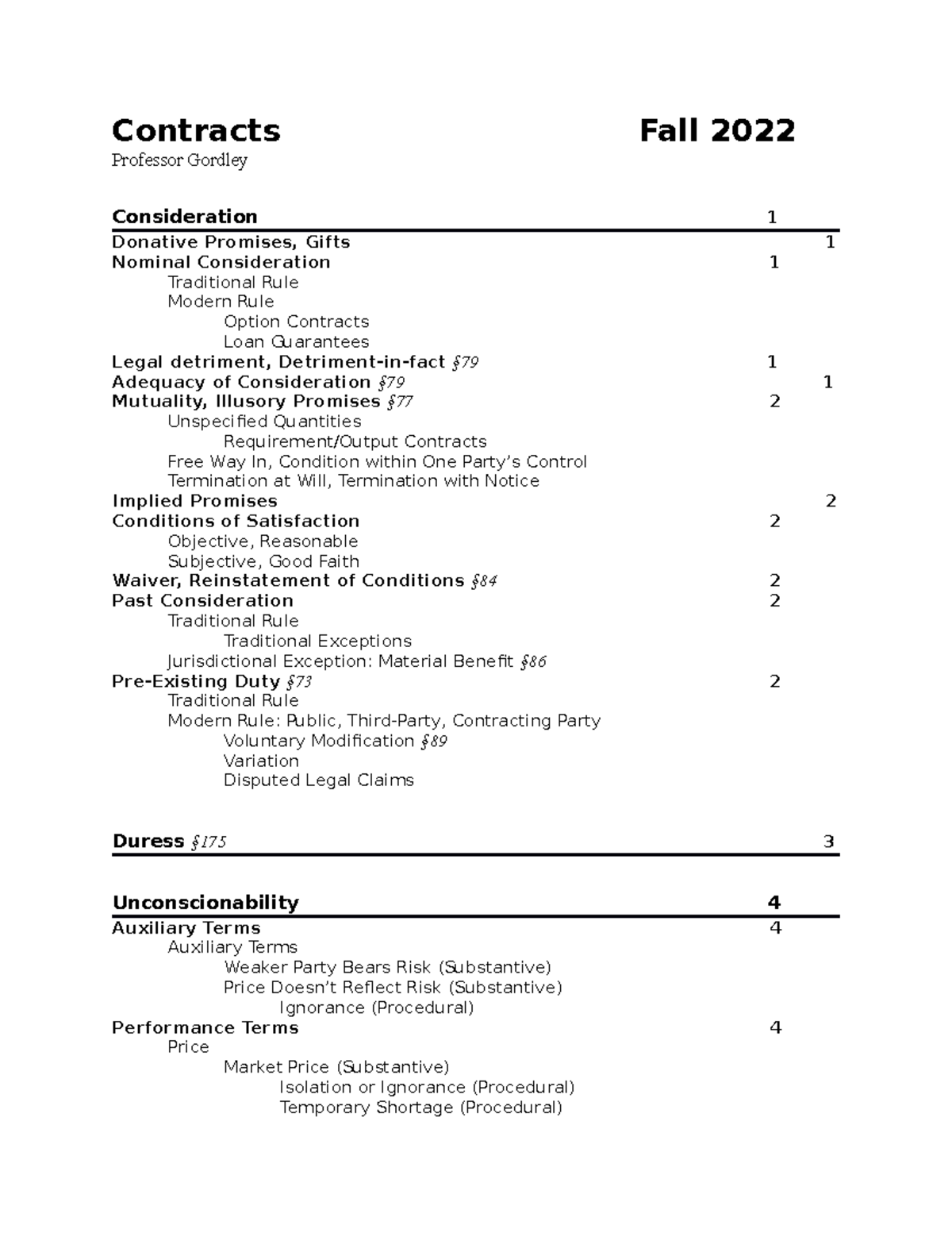 Contracts TOC Checklist - Contracts Fall 2022 Professor Gordley ...