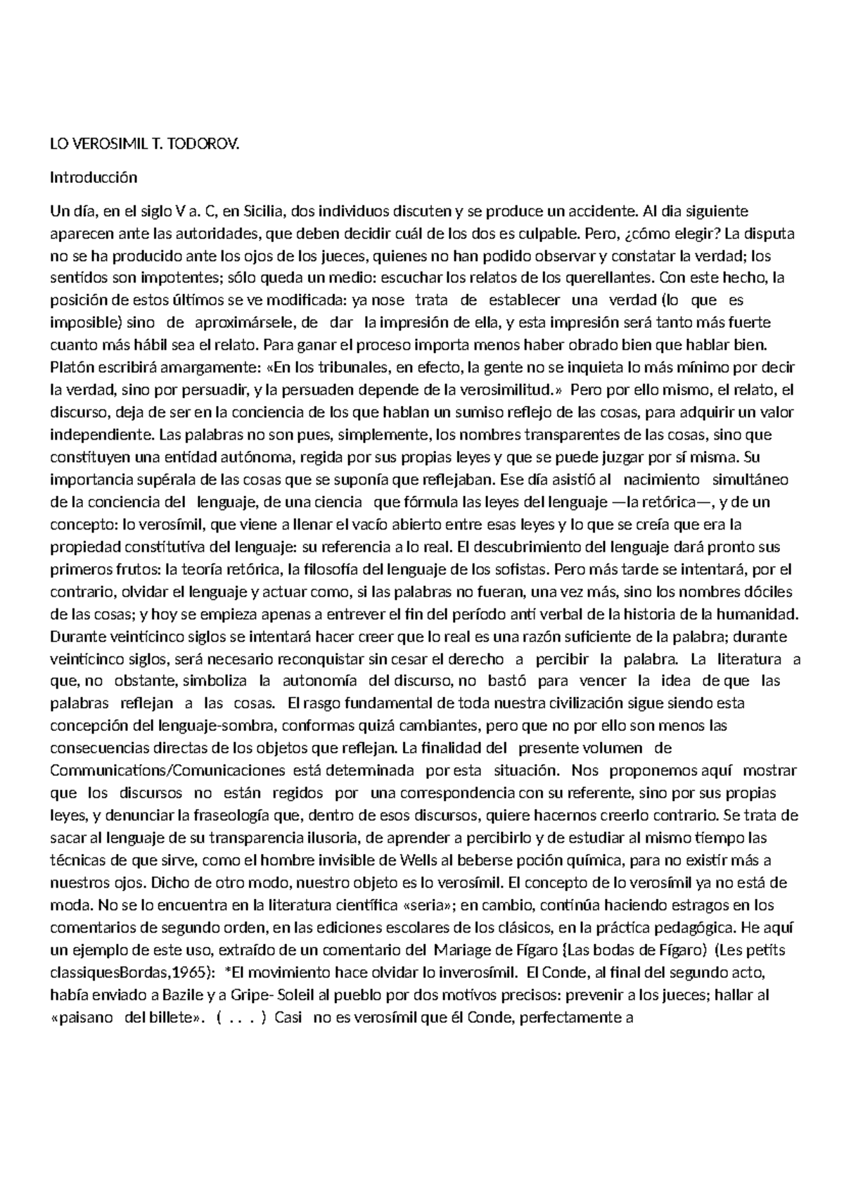 LO Verosimil Todorov - LO VEROSIMIL T. TODOROV. Introducción Un día, en ...