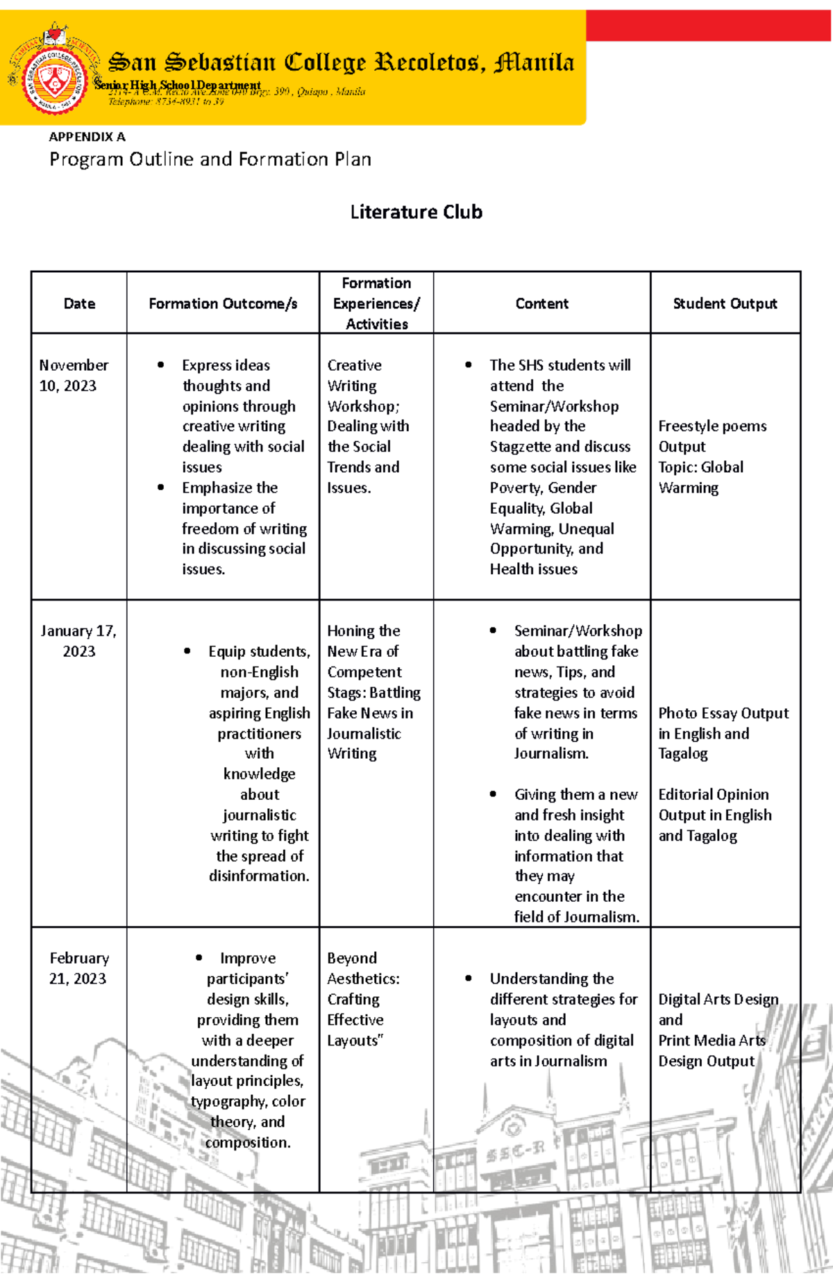 LIT CLUB - LIT CLUB - APPENDIX A Program Outline and Formation Plan ...