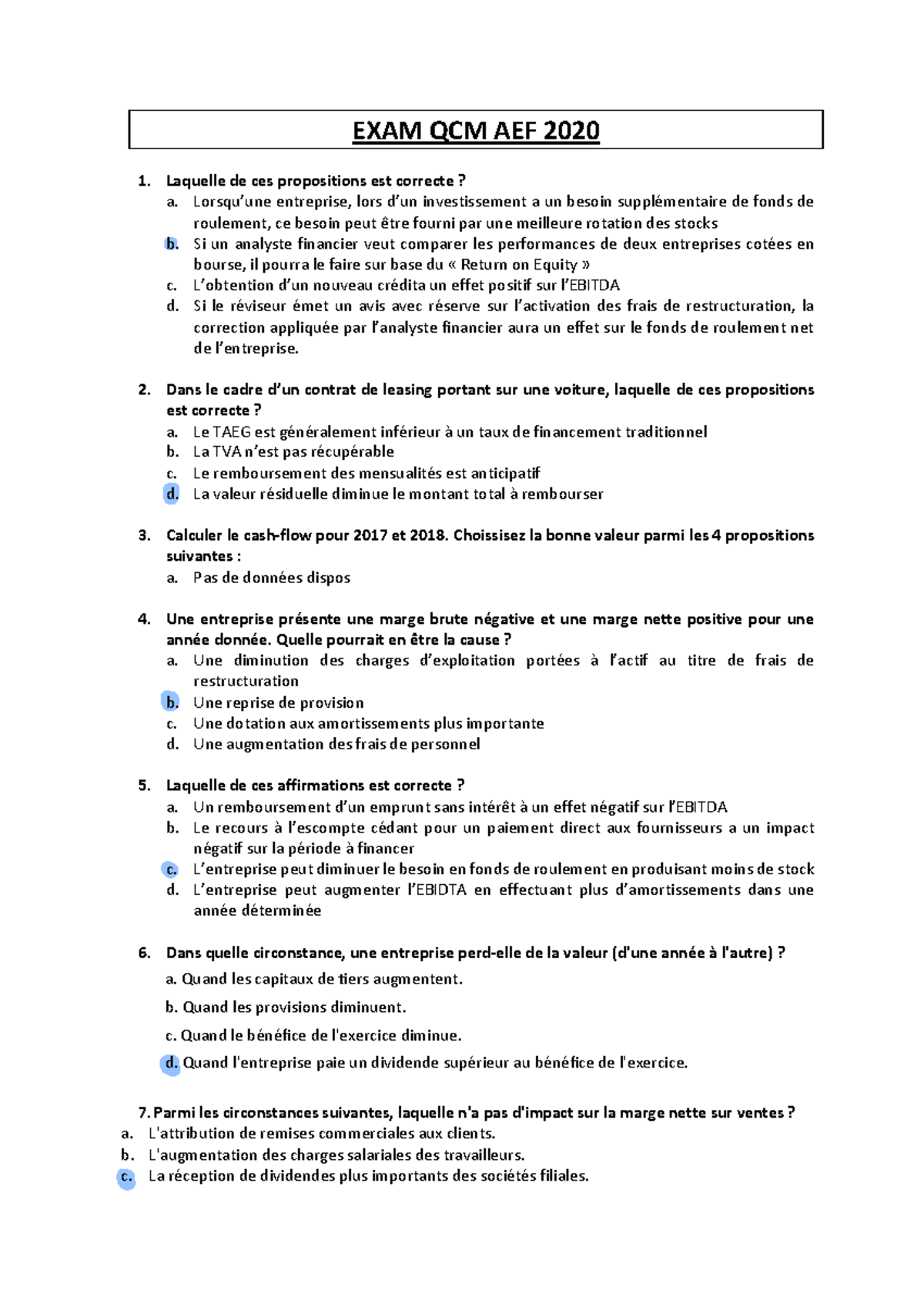 Examen 2020 (sans réponses) - EXAM QCM AEF 2020 Laquelle de ces ...