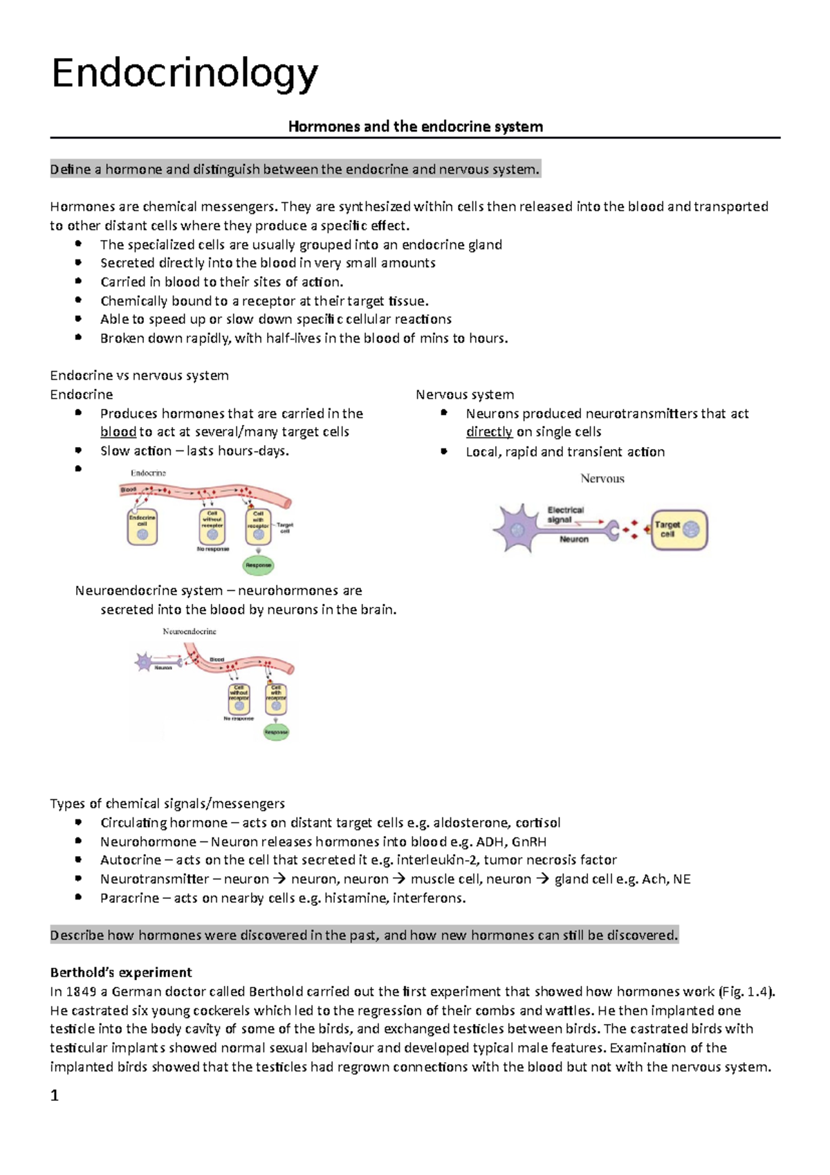 Endocrinology revised notes - Endocrinology Hormones and the endocrine ...