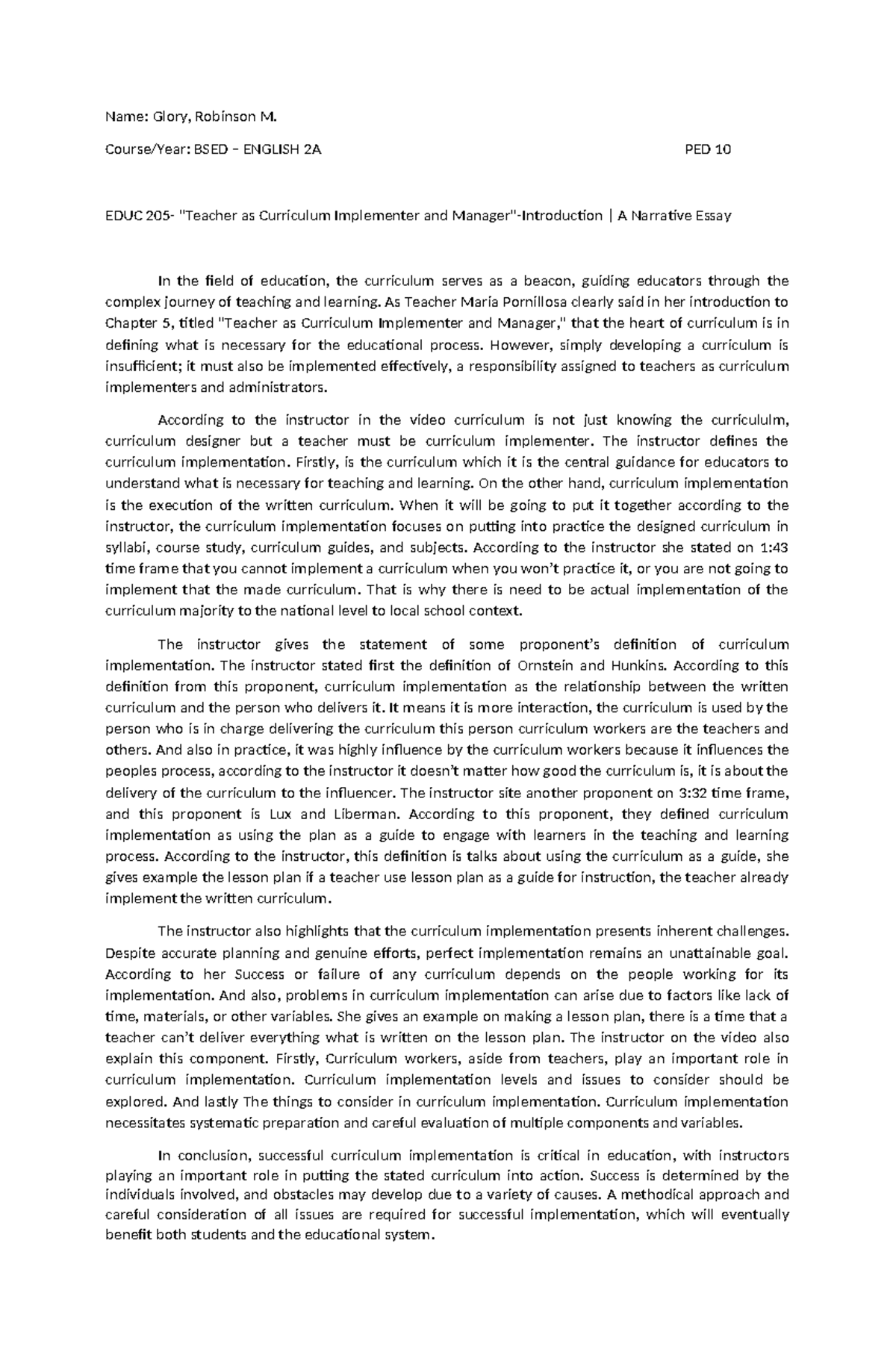 Narrative-curriculum-implementation - Name: Glory, Robinson M. Course ...